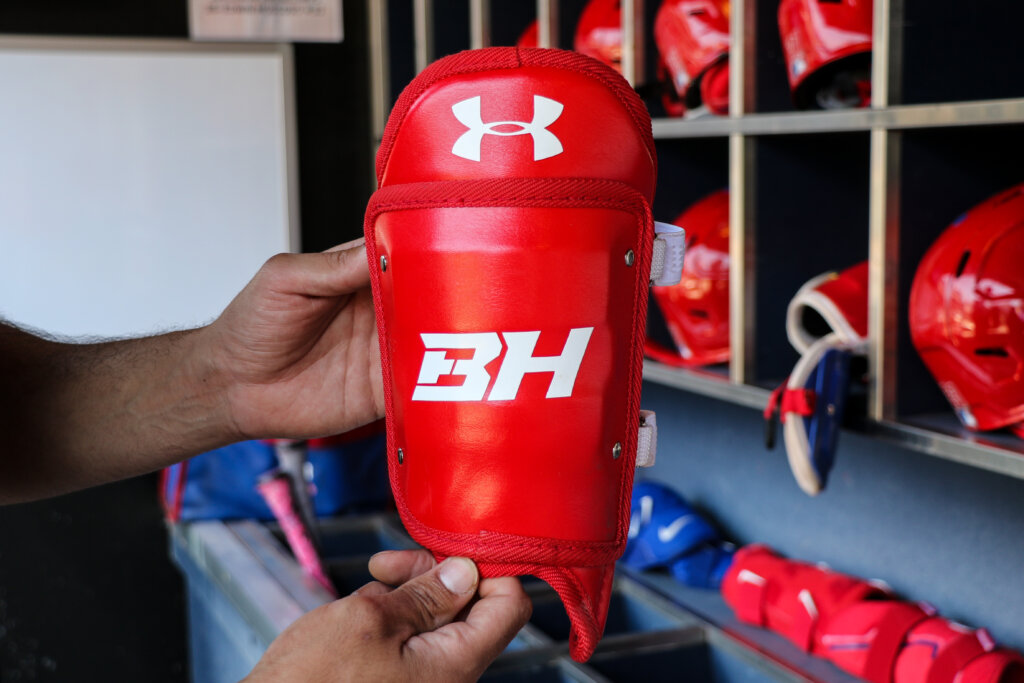 What Pros Wear: Bryce Harper's Belgard Leg Guard (UA Branding) 2023 ...